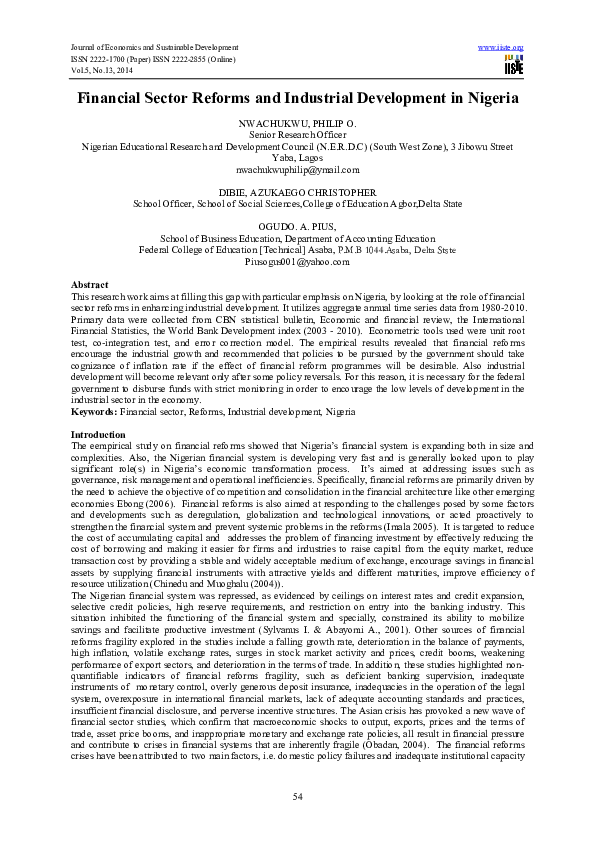 (PDF) Financial Sector Reforms and Industrial Development in Nigeria
