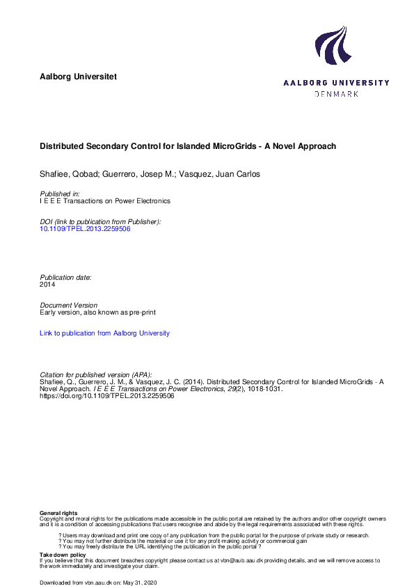 (PDF) Distributed Secondary Control for Islanded Microgrids—A Novel Approach