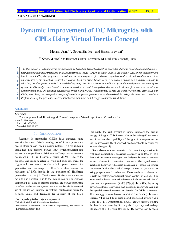 (PDF) Dynamic Control of DC Microgrids with Virtual Inertia