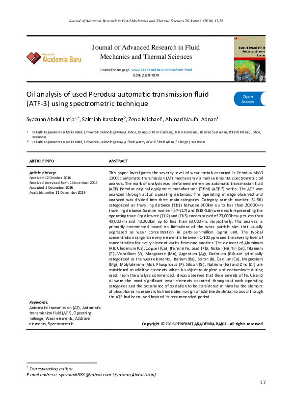 (PDF) Oil analysis of used Perodua automatic transmission fluid ( ATF-3 ...