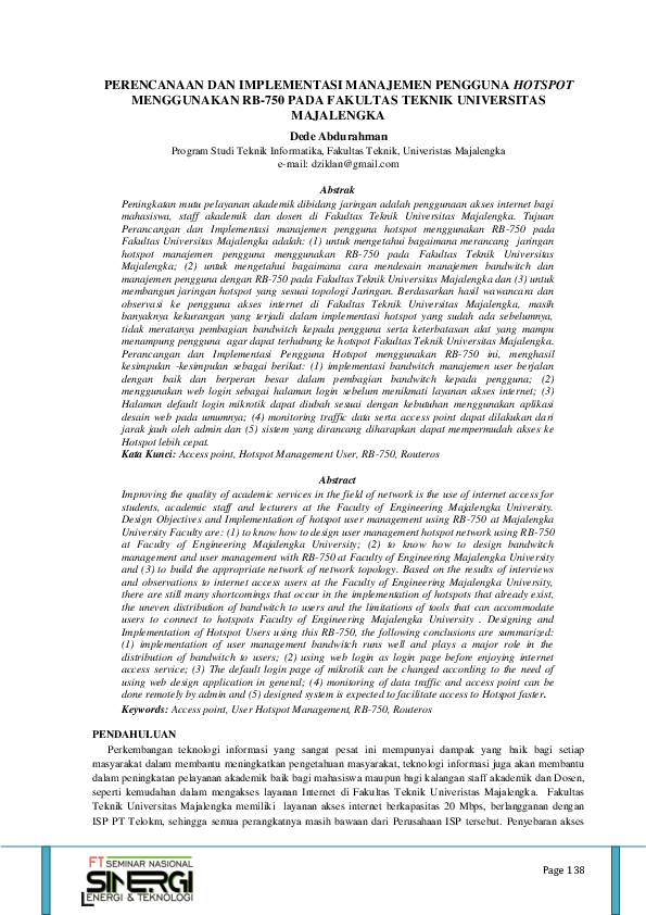 (PDF) Perencanaan Dan Implementasi Manajemen Pengguna Hotspot Menggunakan RB-750 Pada Fakultas ...