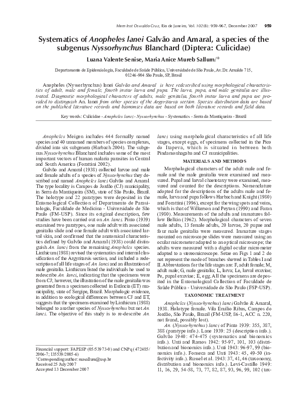 (PDF) Systematics of Anopheles lanei Galvão and Amaral, a species of the subgenus Nyssorhynchus ...