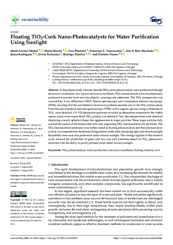 (PDF) Floating TiO2-Cork Nano-Photocatalysts for Water Purification Using Sunlight | Elvira ...