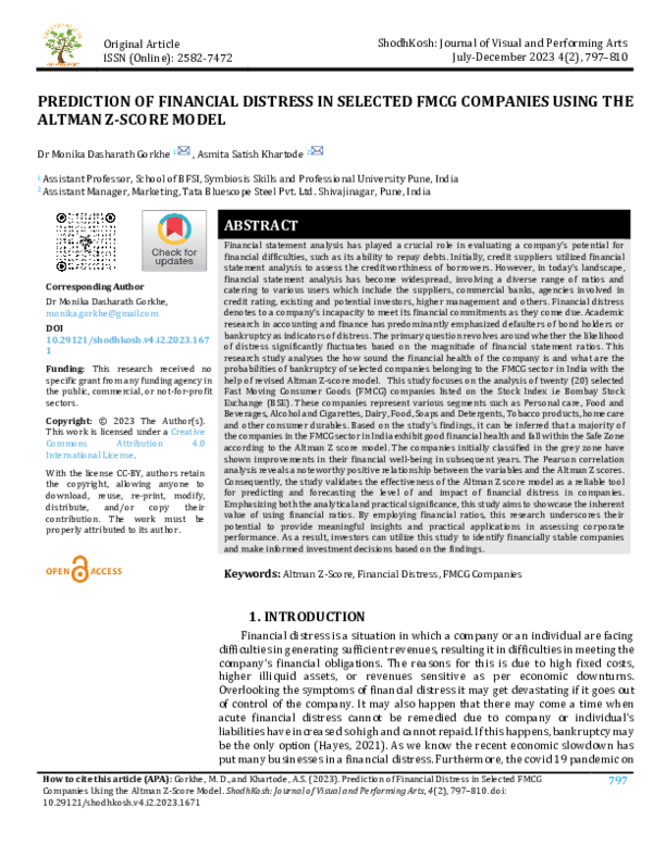 (PDF) PREDICTION OF FINANCIAL DISTRESS IN SELECTED FMCG COMPANIES USING THE ALTMAN Z-SCORE MODEL