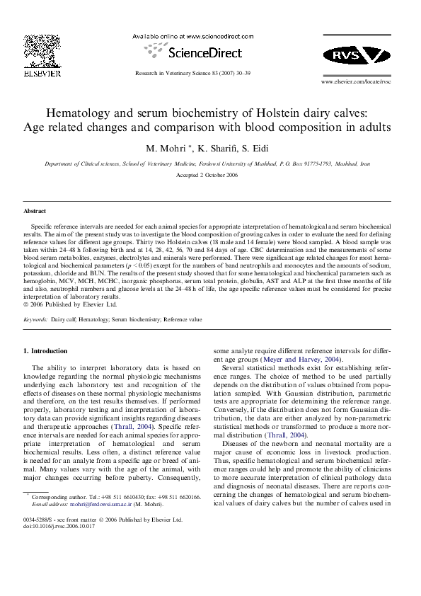 (PDF) Hematology and serum biochemistry of Holstein dairy calves: Age related changes and ...