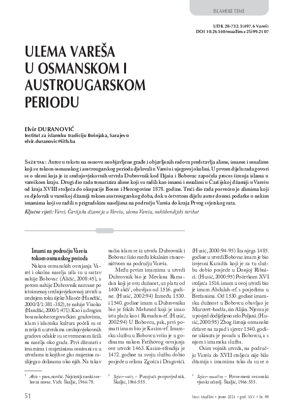 (PDF) ULEMA VAREŠA U OSMANSKOM I AUSTROUGARSKOM PERIODU | Elvir Duranovic - Academia.edu