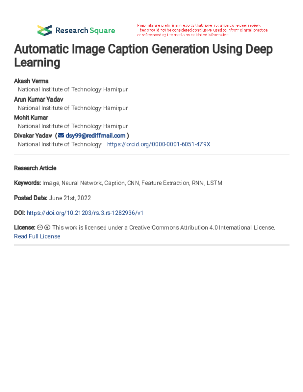(PDF) Automatic Image Caption Generation Using Deep Learning