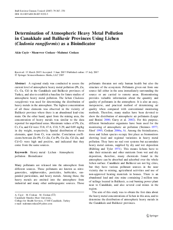 (PDF) Determination of Atmospheric Heavy Metal Pollution in Canakkale and Balikesir Provinces ...