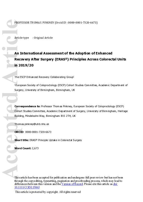 (PDF) International ERAS Principles Adoption in Colorectal Surgery