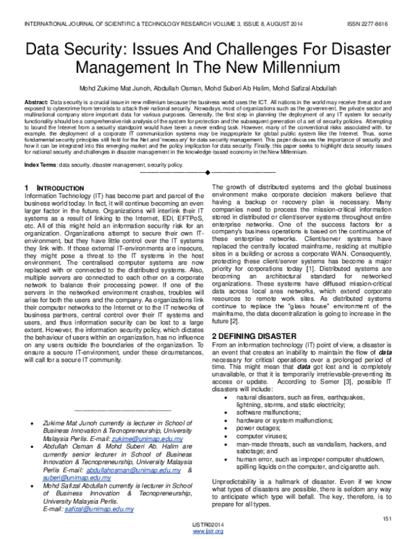(PDF) Data Security: Issues And Challenges For Disaster Management In ...