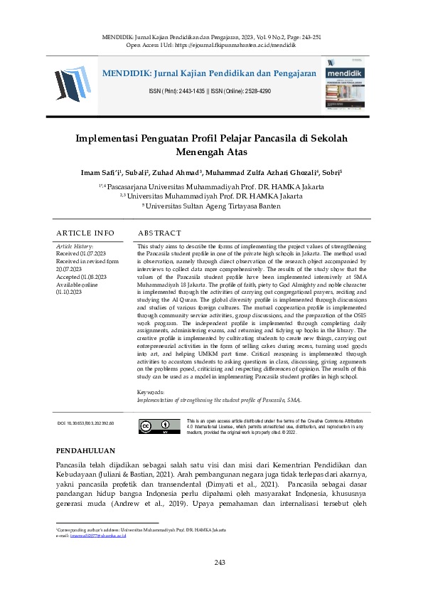 (PDF) Implementasi Penguatan Profil Pelajar Pancasila di Sekolah Menengah Atas
