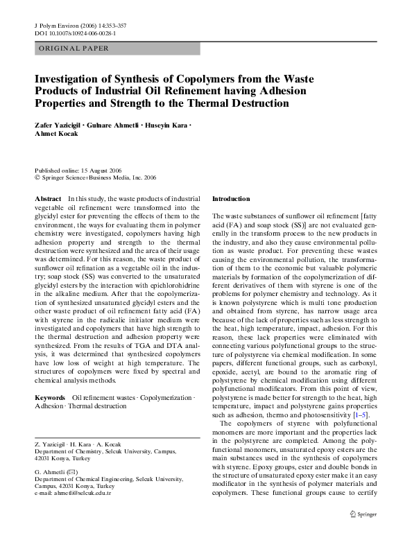 (PDF) Investigation of Synthesis of Copolymers from the Waste Products of Industrial Oil ...