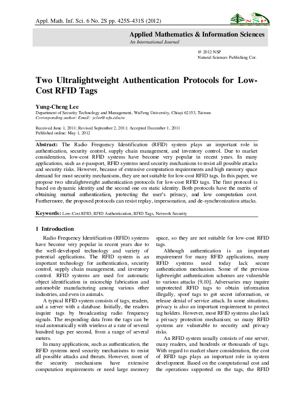 (PDF) Two Ultralightweight Authentication Protocols for Low- Cost RFID Tags