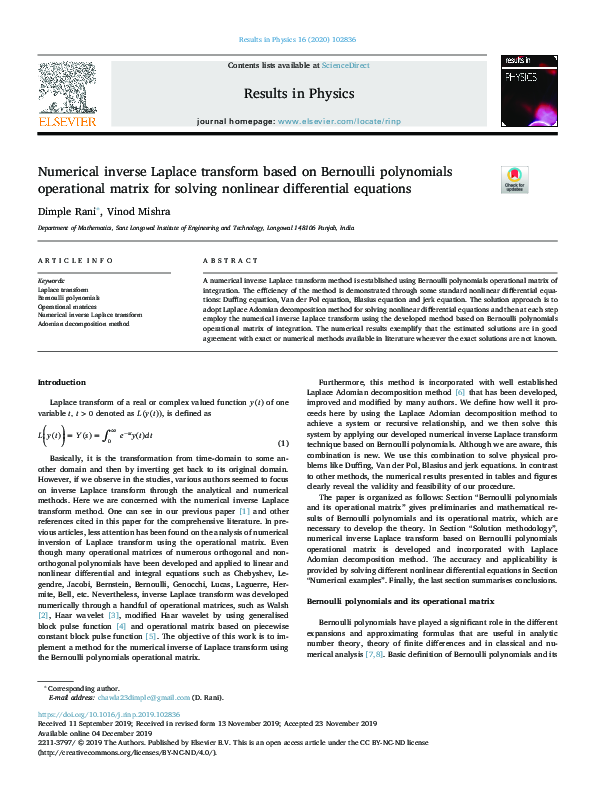 (PDF) Numerical inverse Laplace transform based on Bernoulli ...