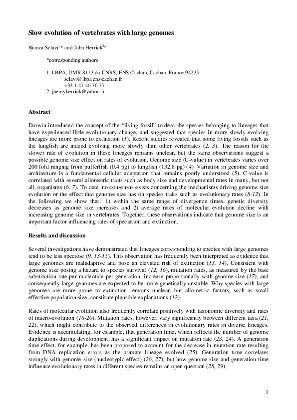 (PDF) Slow evolution of vertebrates with large genomes | John Herrick ...