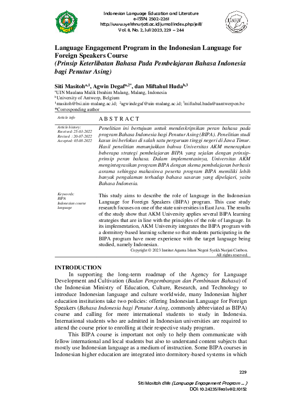 (PDF) Language Engagement Program in the Indonesian Language for Foreign Speakers Course ...