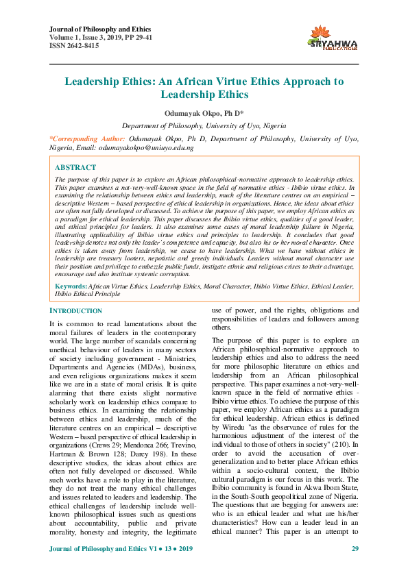 (PDF) Leadership Ethics: An African Virtue Ethics Approach to ...
