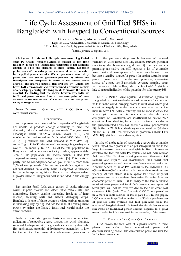 (PDF) Life Cycle Assessment of Grid Tied SHSs in Bangladesh with ...
