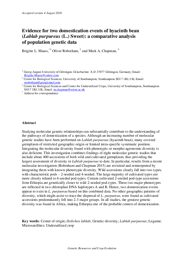 (PDF) Evidence for two domestication events of hyacinth bean (Lablab purpureus (L.) Sweet): a ...