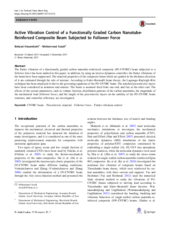 (PDF) Active vibration control of functionally graded beams with piezoelectric layers based on ...