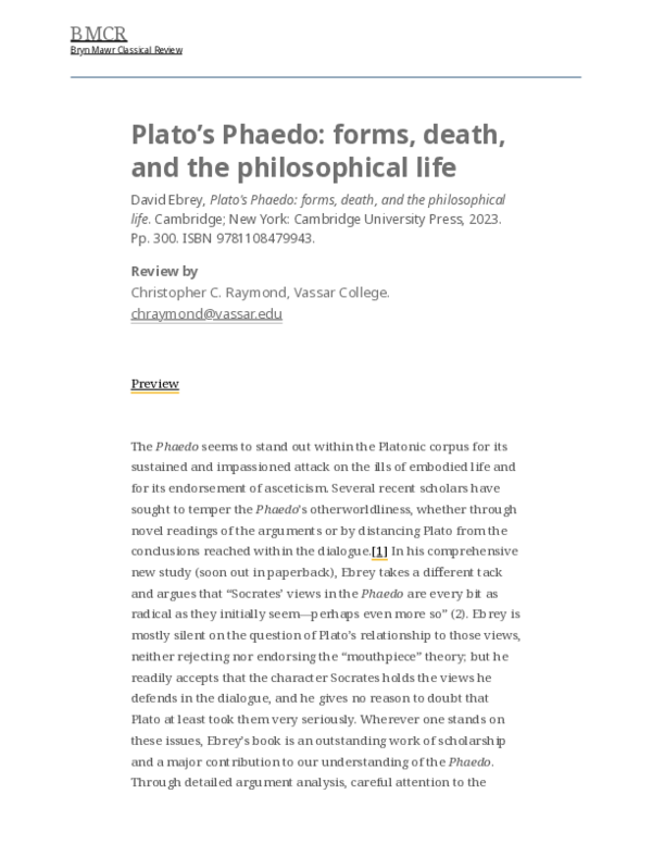 (PDF) Review of David Ebrey, Plato's Phaedo: Forms, Death, and the ...