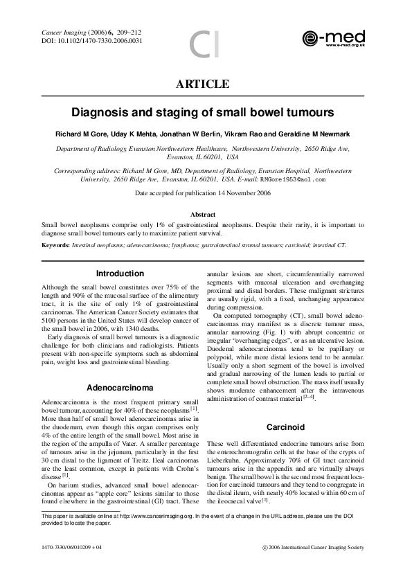(PDF) Diagnosis and staging of small bowel tumours