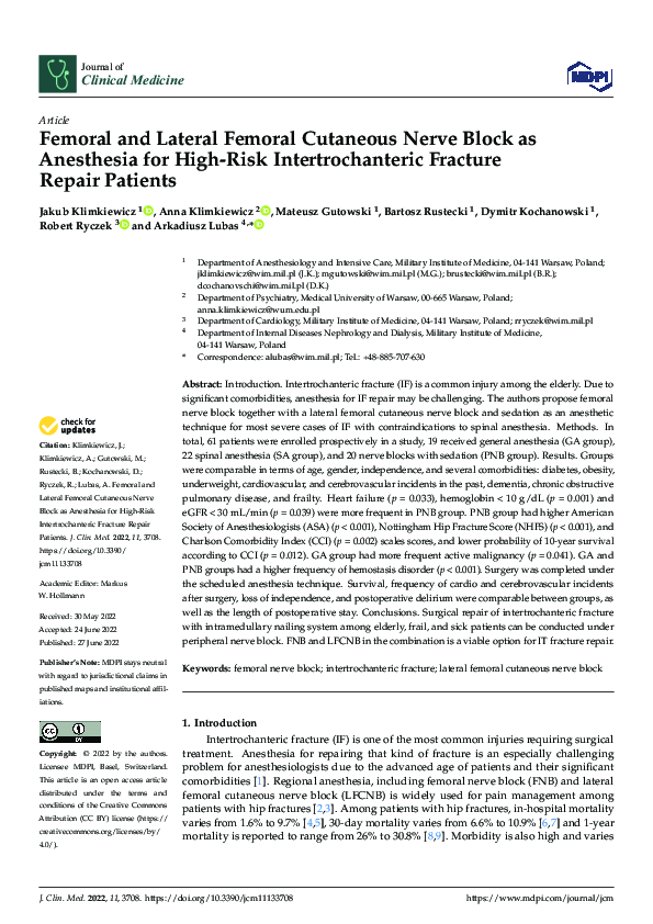 (PDF) Femoral and Lateral Femoral Cutaneous Nerve Block as Anesthesia for High-Risk ...