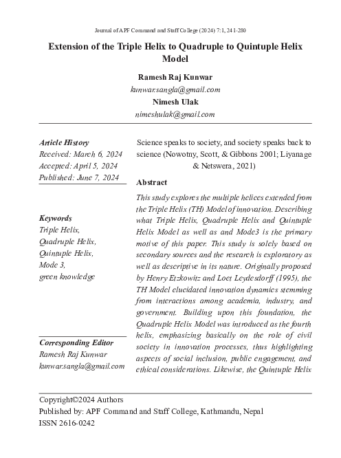 (PDF) Extension of the Triple Helix to Quadruple to Quintuple Helix Model
