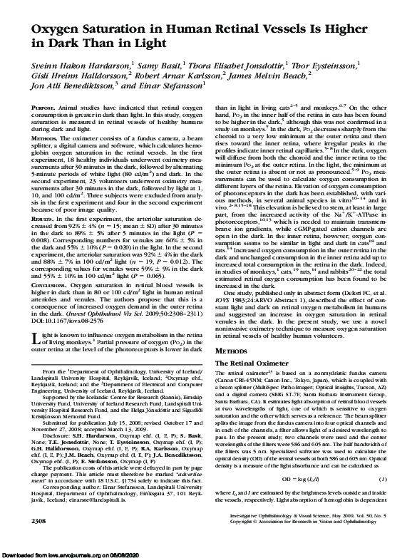 (PDF) Oxygen Saturation in Human Retinal Vessels Is Higher in Dark Than ...