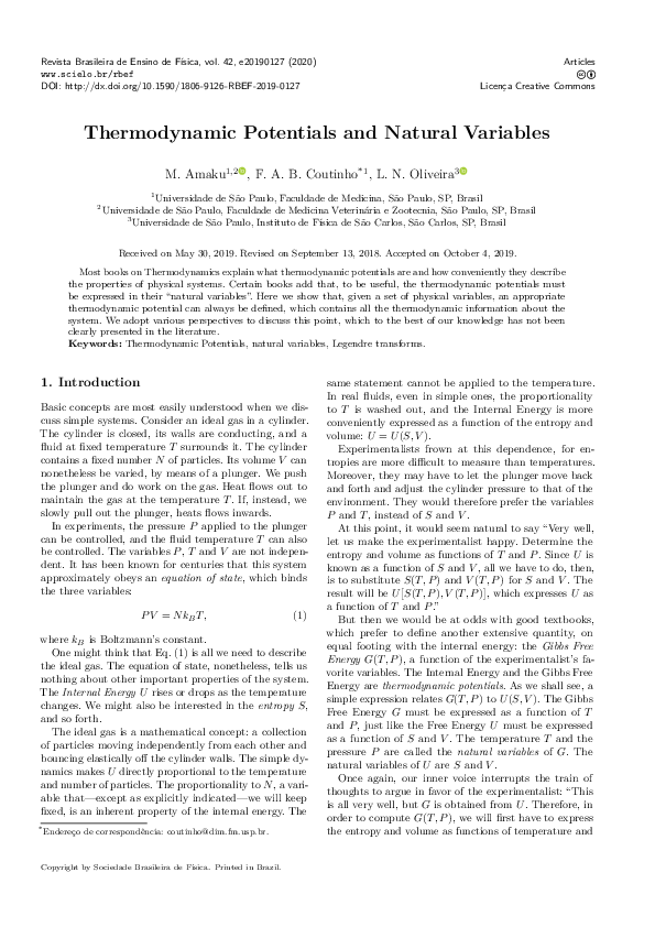 (PDF) Defining Thermodynamic Potentials in Natural Variables