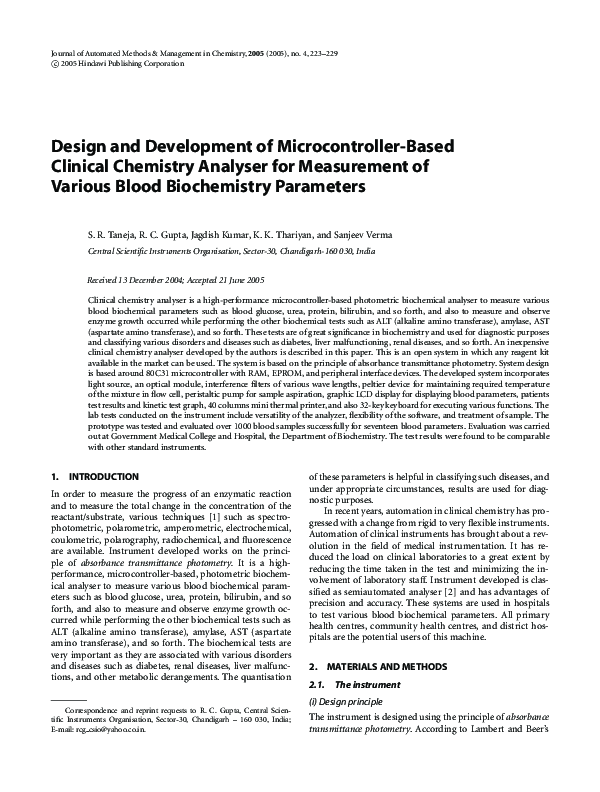 (PDF) Design and Development of Microcontroller-Based Clinical Chemistry Analyser for ...