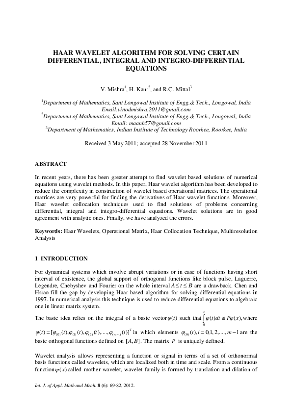 Pdf Haar Wavelet Algorithm For Solving Certain Differential Integral And Integro Differential