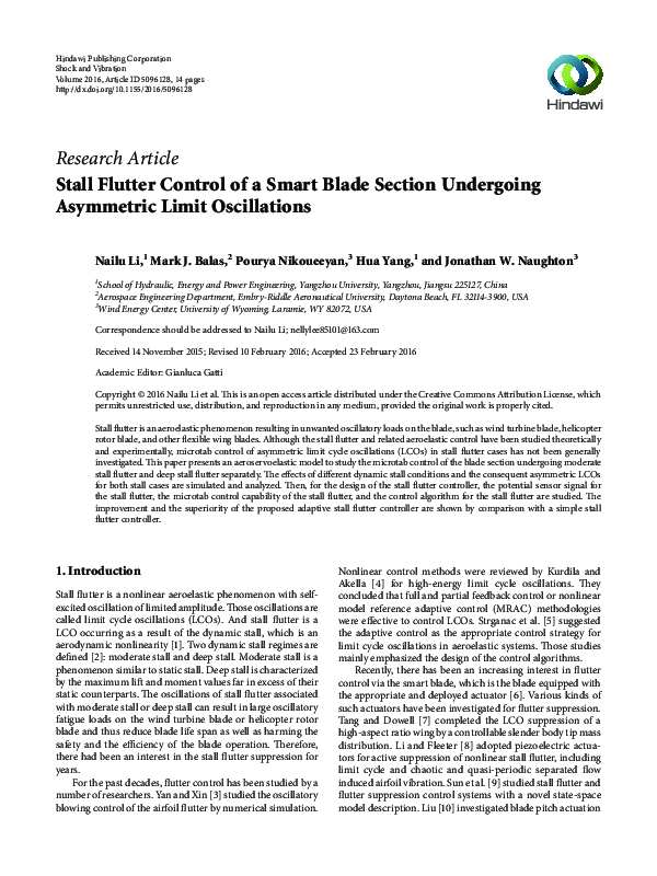 (PDF) Stall Flutter Control of a Smart Blade Section Undergoing ...