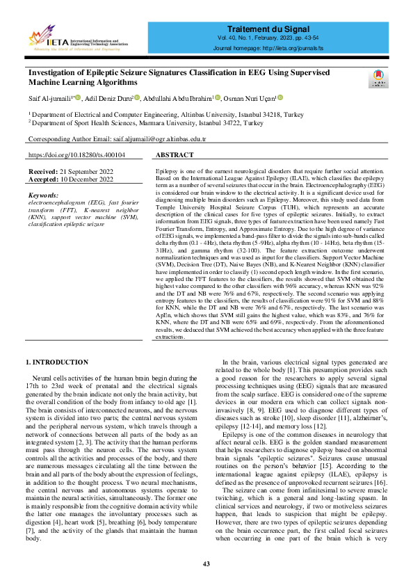 (PDF) Investigation of Epileptic Seizure Signatures Classification in EEG Using Supervised ...