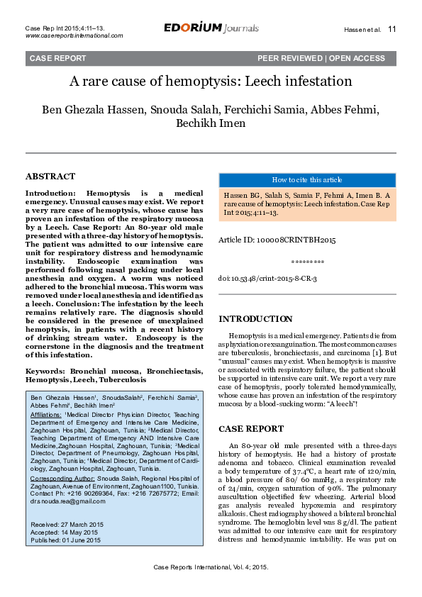 (PDF) A Rare Cause of Epistaxis, Hemoptysis and Anemia: Leech in the Nasopharynx | Mehmet Tahir ...