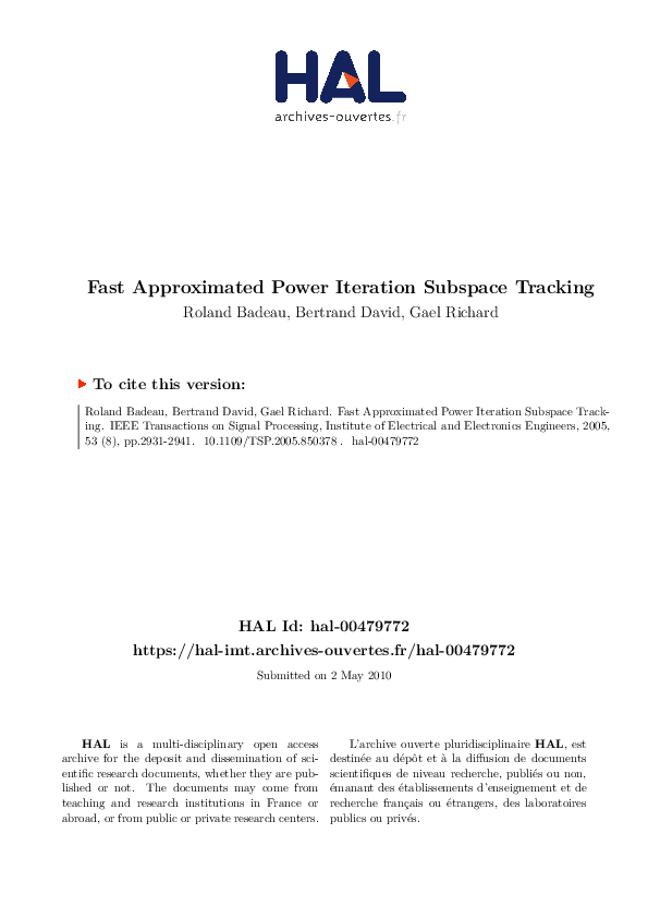 (PDF) Fast approximated power iteration subspace tracking