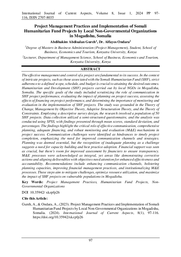 (PDF) Project Management Practices and Implementation of Somali Humanitarian Fund Projects by ...