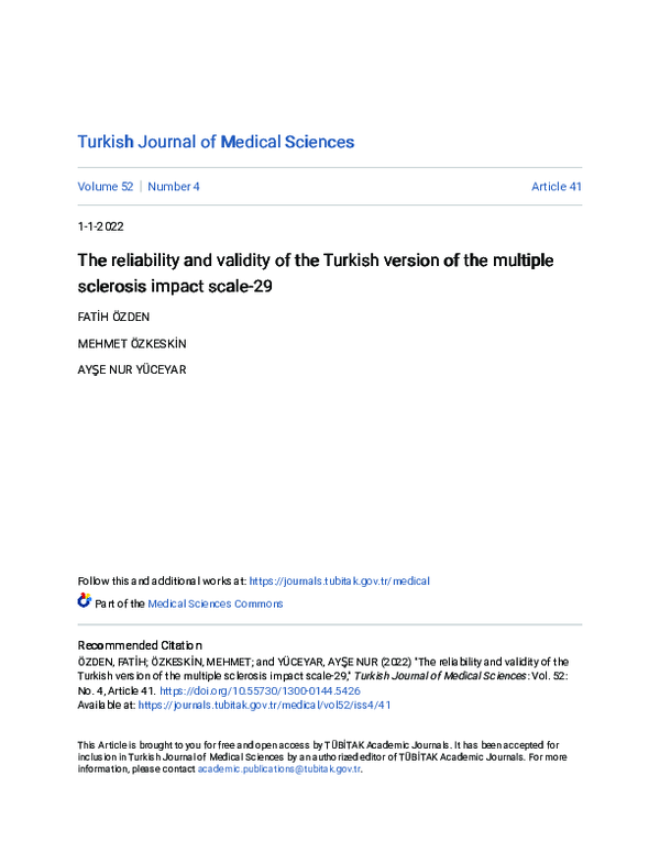 (PDF) The reliability and validity of the Turkish version of the multiple sclerosis impact scale ...