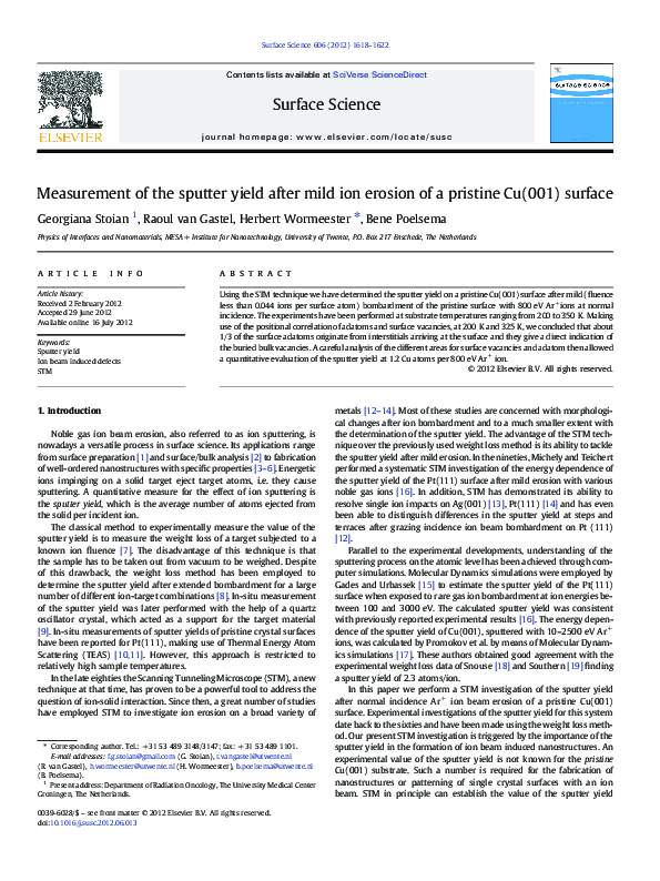 (PDF) Measurement of the sputter yield after mild ion erosion of a pristine Cu(001) surface