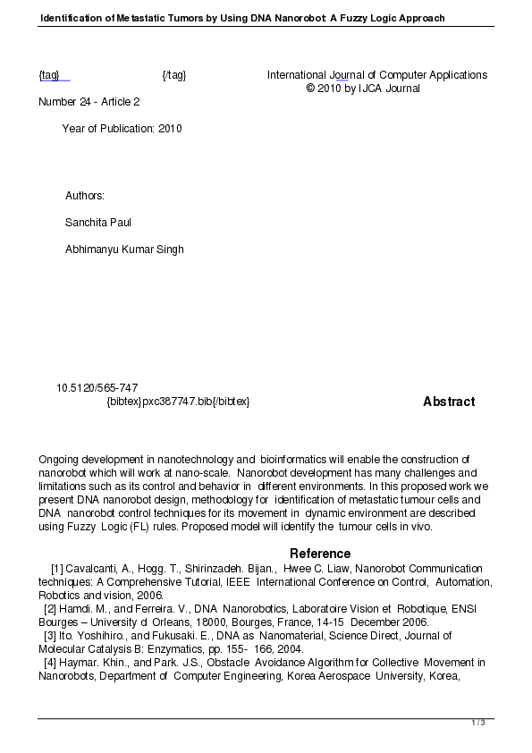 (PDF) Identification of Metastatic Tumors by Using DNA Nanorobot: A Fuzzy Logic Approach