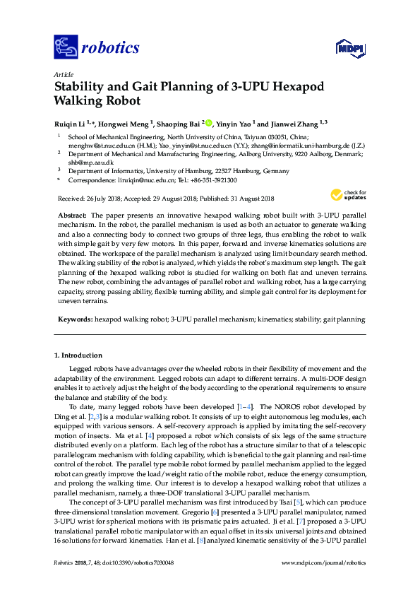 (PDF) Stability and Gait Planning of 3-UPU Hexapod Walking Robot