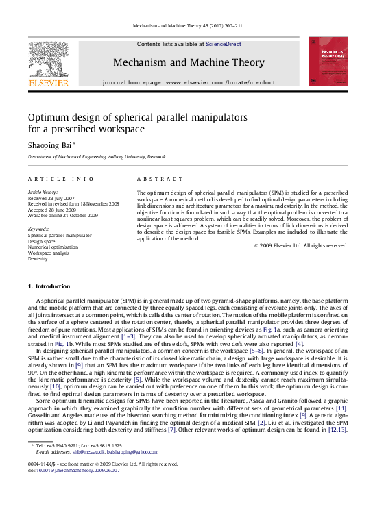 (PDF) Optimum design of spherical parallel manipulators for a ...