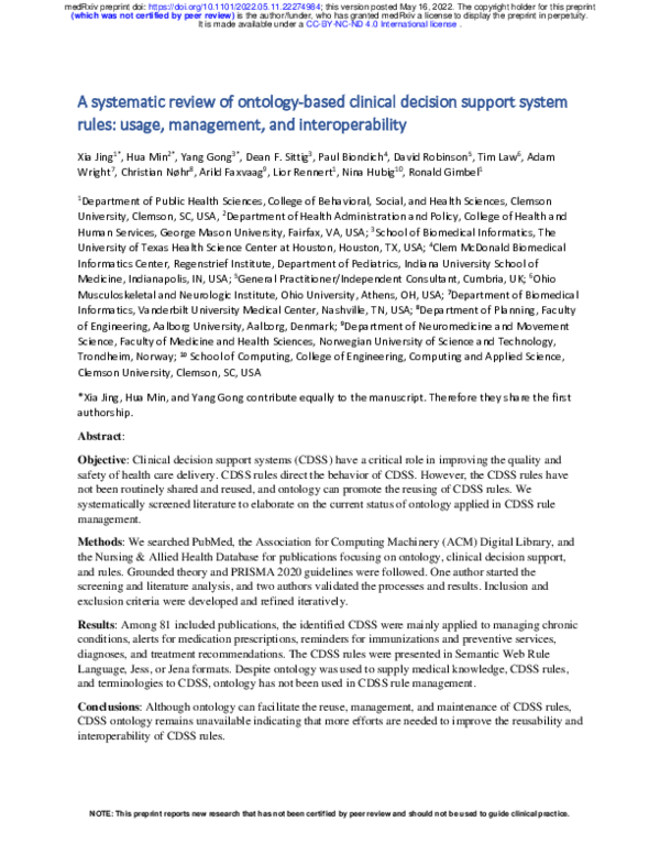 (PDF) A systematic review of ontology-based clinical decision support system rules: usage ...