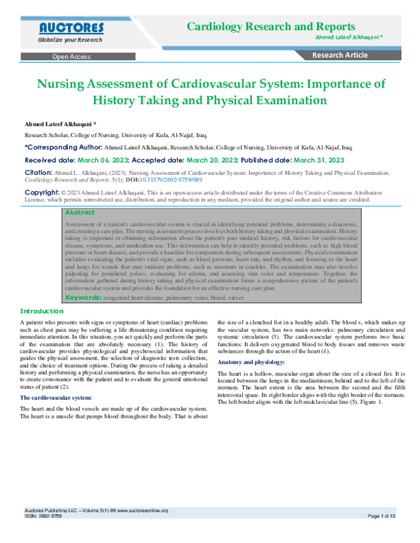 (PDF) Nursing Assessment of Cardiovascular System: Importance of ... (PDF) Nursing Assessment of Cardiovascular System: Importance of ...