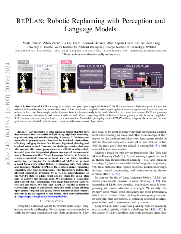 (PDF) RePLan: Robotic Replanning with Perception and Language Models | Kourosh Darvish ...