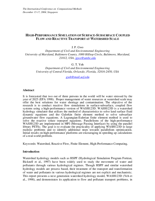 Pdf High Performance Simulation Of Surface Subsurface Coupled Flow And Reactive Transport At