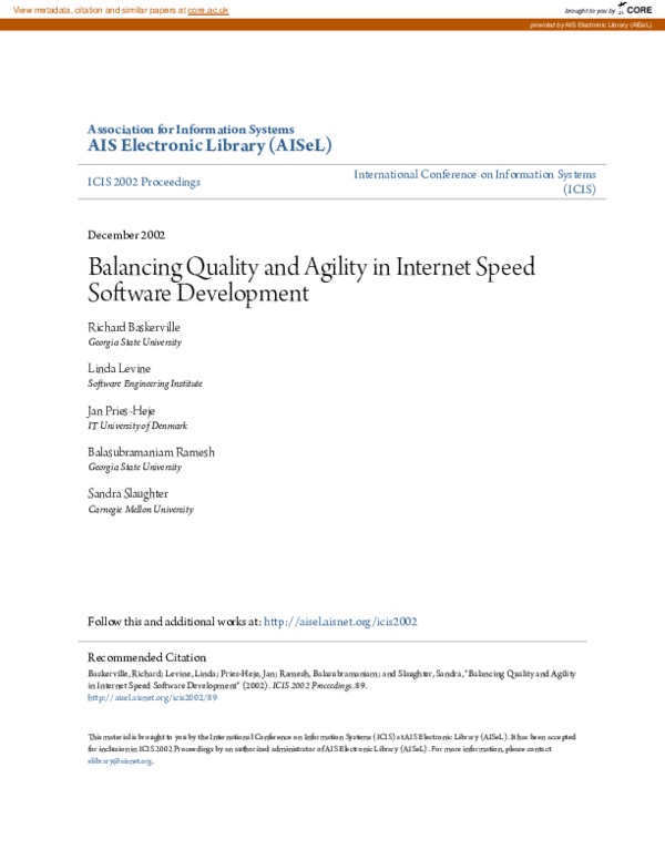 (PDF) Balancing Quality and Agility in Internet Speed Software Development