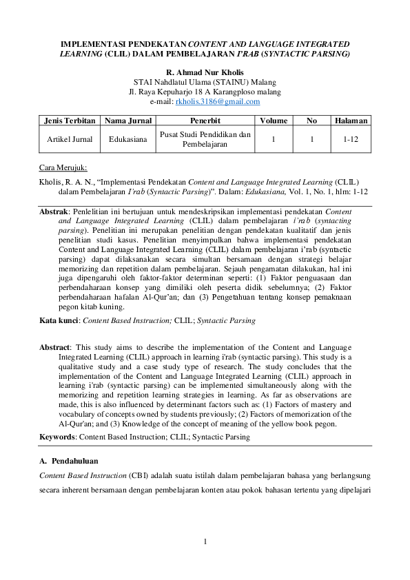 (PDF) IMPLEMENTASI PENDEKATAN CONTENT AND LANGUAGE INTEGRATED LEARNING (CLIL) DALAM PEMBELAJARAN ...