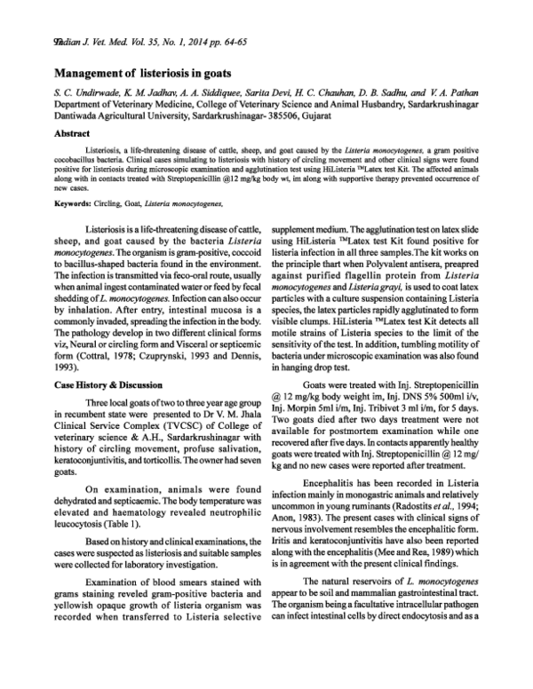 (PDF) Management of listeriosis in Goats