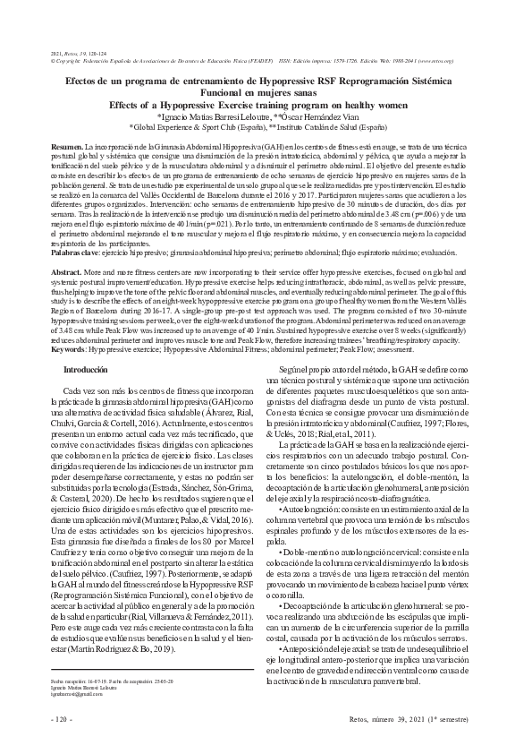 (PDF) Efectos de un programa de entrenamiento de Hipopressive RSF, Reprogramación Sistémica ...